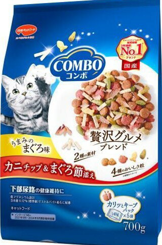 2種類の素材を贅沢ブレンド。 下部尿路の健康維持にも配慮。 まぐろのおいしさたっぷりの4種粒にカニチップ＆まぐろ節の2種の素材が入った贅沢グルメブレンド。