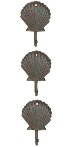 【中古】【未使用・未開封品】Scallop Shell Wall Hangers Cast Iron Antique Brown - Set of 3 for Coats, Aprons, Hats, Towels, Pot Holders...