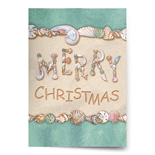 【中古】【未使用・未開封品】Christmas Cards - Box Set 18 Cards and 18 Envelopes - Merry Christmas Written in the Sand with Seashells S...