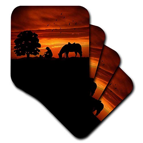 【中古】【未使用・未開封品】Doreen Erhardt Western???カウボーイCampfire with Horse on a hill at sunset has a Western feel。???コースター set-of-4...
