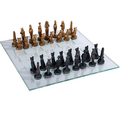 【中古】【未使用・未開封品】Ancient Egyptian God Kingdom Civil War Chess Set with Glass Board 17" x 17" -33PCS [Gold & Black] [Obelisk...