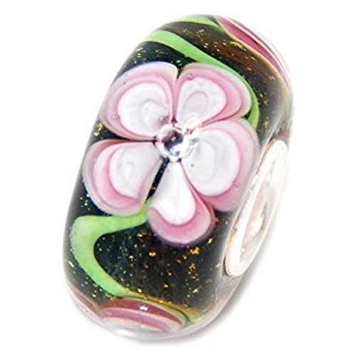 【中古】【未使用・未開封品】純粋な925スターリングシルバー 2ピース 「黒い背景にピンクの花」 ガラスチャームビーズ ヨーロピアンスネークチェーンブレスレット用【メーカー名】【メーカー型番】【ブランド名】ICYROSE 服＆ファッション小...