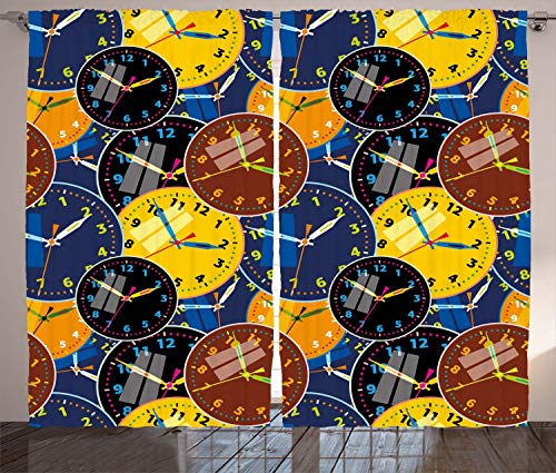 【中古】【未使用・未開封品】クロック装飾カーテンby Ambesonne、Aパターンwithクロック面on it Vintage Illustration装飾デザイン、リビングルームベッドルームウィンドウドレープ2パネルセット、イエローとブ...