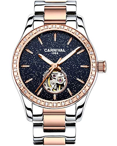 【中古】【未使用・未開封品】CARNIVAL レディース スケルトン 自動機械式 合成サファイア クリスタル ローズゴールド ステンレススチール レディース サファイア 防水 ホワイト 腕時計, 星空の顔/ローズゴールド, ファッション【メ...