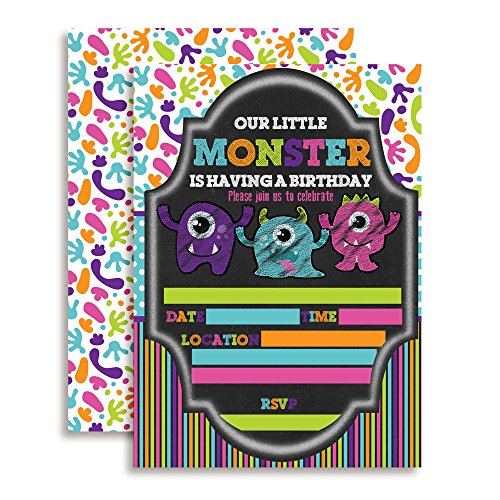 【中古】【未使用・未開封品】Chalkboard Monster Birthday Party Invitations, Ten 13cm x 18cm Fill In Cards with 10 White Envelopes by Am...