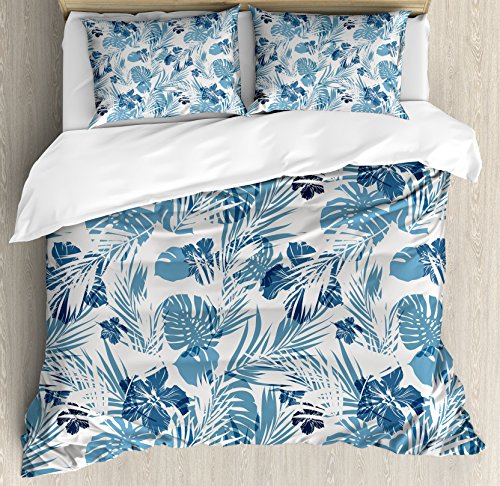 【中古】【未使用・未開封品】リーフ布団カバーセットby Ambesonne、Island Ocean Beach Sea Inspiredハワイアン花Palm Tree Leavesアート印刷、装飾寝具セットwithピロー、ダークブルーとラ...