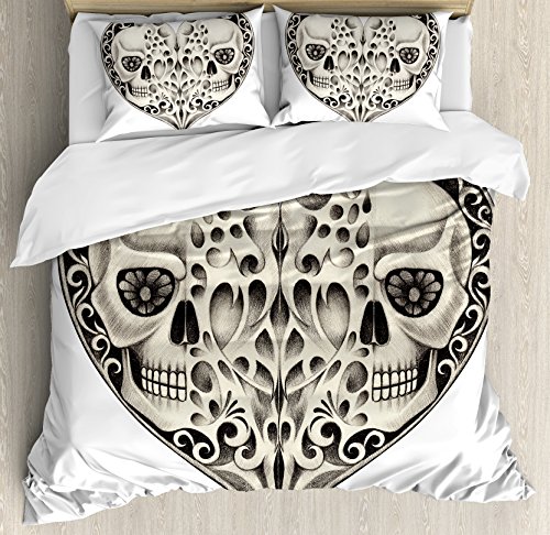 【中古】【未使用・未開封品】Day of the Deadインテリア布団カバーセットby Ambesonne、ツイン半分FireデザインでHearts Festiveスペイン語イメージ印刷、装飾寝具セットwithピロー、クリーム、ブラック ...