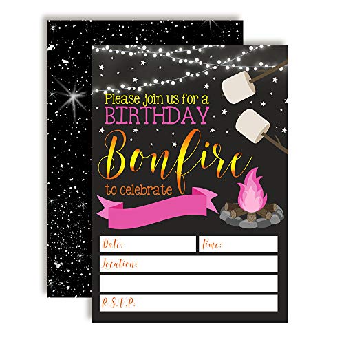 【中古】【未使用・未開封品】Backyard Bonfire Camping Under The Stars Birthday Party Invitations for Girls, 20 13cm x 18cm Fill in Card...