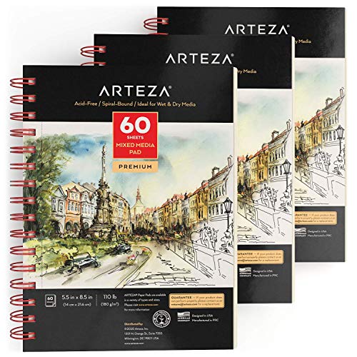 【中古】【未使用・未開封品】Arteza 5.5x8.5インチ ミクストメディアスケッチブック、3冊パック、120枚（1冊60枚）、110lb/180gsm、（無酸性、微穿孔）、らせん綴じパッド、ウェットメディアにもドライメディアにも最適、...