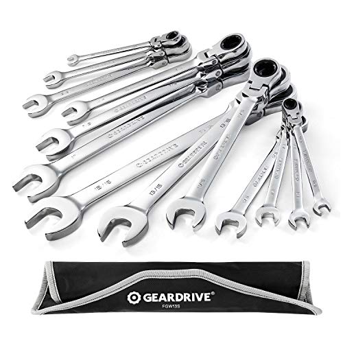 【中古】【未使用・未開封品】GEARDRIVE フレックスヘッドラチェットコンビネーションレンチセット SAE 13ピース 5/16インチから1インチ クロムバナジウムスチール構造 ローリングポーチ付き【メーカー名】【メーカー型番】【ブラン...