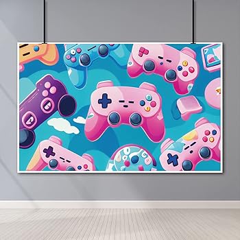 【中古】5 x 4フィート ビデオゲーム背景幕 ピンク パープル ゲームコントローラー ゲームパッド 写真 背景 誕生日 ゲーム 背景 デコレーション ケーキ テーブル キッズ ビデオ ゲーム パーティー 装飾用品【メーカー名】【メーカー型...