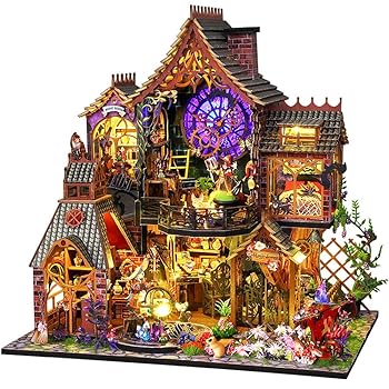 【中古】【未使用】moin moin ドールハウス ミニチュア 手作りキット セット 1/24 スケール 初心者 【 英語説明書 】 メルヘン 魔女 黒猫 魔法 マジック リス アニマル LEDライト + アクリルケース (カット済 紙パー...