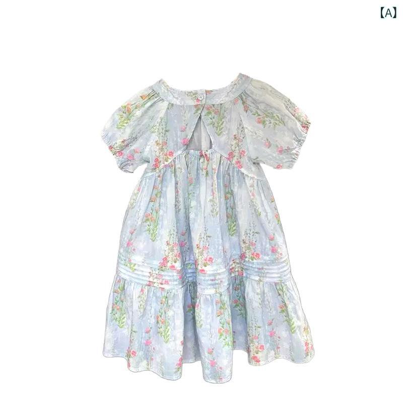 ・カテゴリ: 子供ワンピース・スタイル: 森ガール・主な素材: 綿95%・裏地: 綿95%・柄: 花柄・袖丈: 半袖・スカートスタイル: プリンセススカート・カラー: ライトブルー・サイズ展開: 110cm、120cm、130cm、140c...