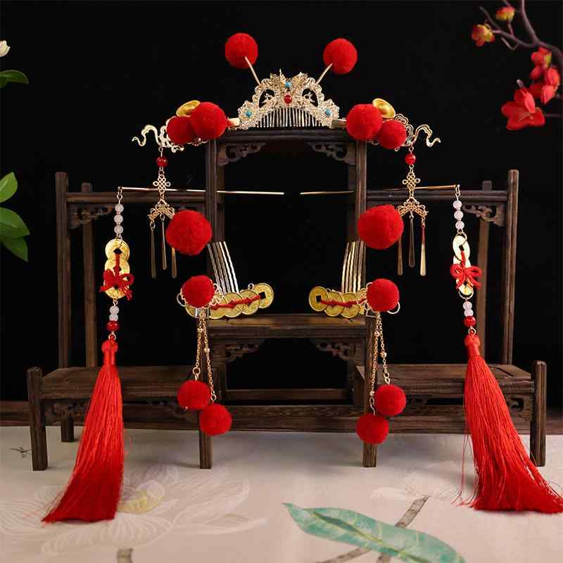 ・主な素材: 合金・スタイル: レトロ・対象: レディース・モチーフ: 蝶結び・加工: 純手作り・セット内容: 髪飾り冠1点、かんざし1対、髪留め1対、髪飾り櫛1対、髪飾りボタン1対、髪飾りUピン1対、セット一式（11点）・デザイン要素: ...