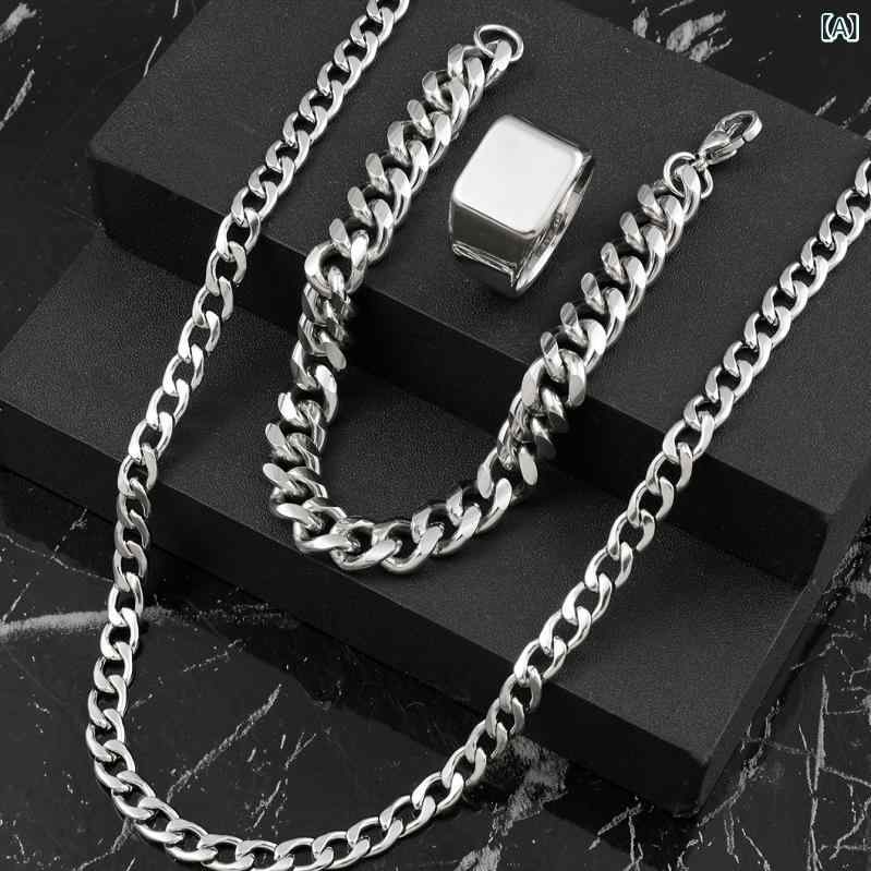 ・主な素材: ステンレス、チタン鋼・処理プロセス: メッキ・スタイル: メンズ、パンク、個性派・セット内容: ネックレス＋ブレスレット・チェーンの種類: コバチェーン・カラー展開: スチール、ブラック、ゴールド・サイズ展開: リング7号、リ...