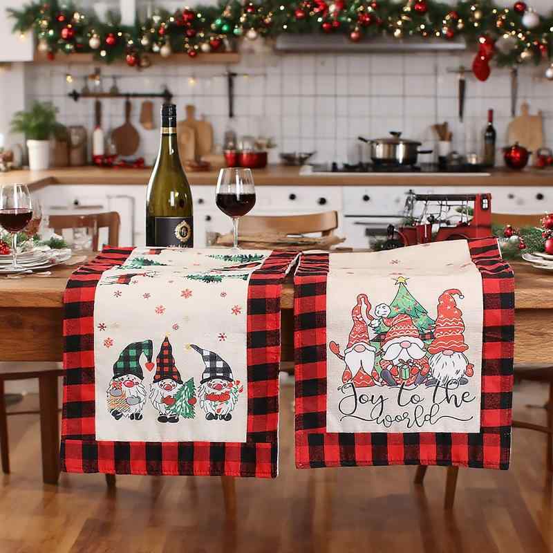 ・カテゴリ: クリスマスツリースカート・商品名: 格子帽フォレストマンテーブルランナー、ストライプ帽フォレストマンテーブルランナー・適用祝日: クリスマス