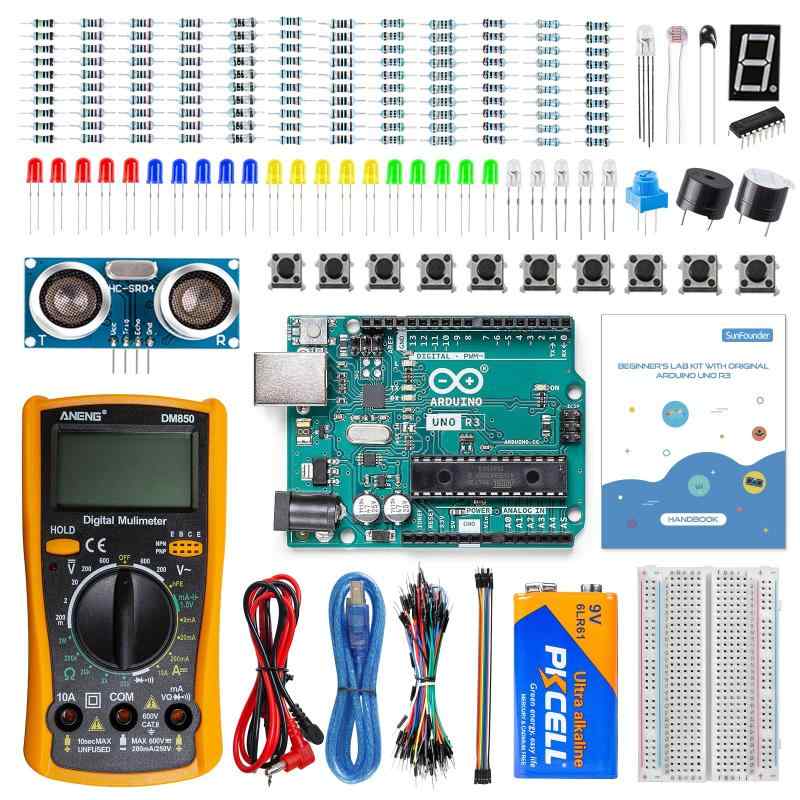 SunFounder ビギナーズ ラボ スターター キット - Arduino Uno R3 REV3 ボード付き、マルチメーター、基本から応用までの25プロジェクト、SR-04 センサー、ボタン、温度センサー、LED、ママルチメーターによ...