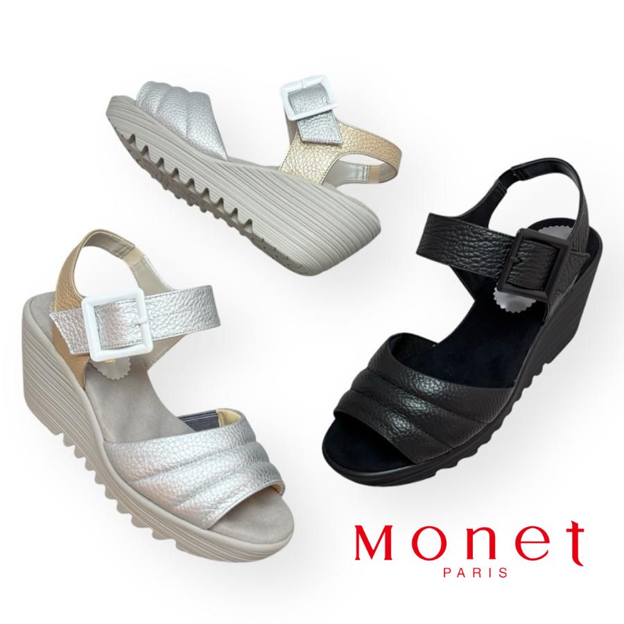 →Monet[モネ]トップページへ Monet[モネ]/882404　履き心地抜群の厚底カジュアルサンダル 履き心地抜群の厚底カジュアルサンダル 人気の厚底ソールを使用した足当たりの柔らかいカジュアルサンダル。 全体にシボのある牛革を使用し...