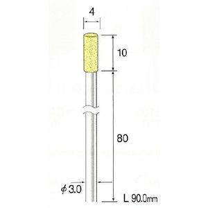 ミニターメーカーお問い合わせ：03-3633-7181●先端径：φ4●粒度：#120●シャンク径:φ3●最高回転数：10000●入り数：10●特長：一般研削に幅広く使用できます。●結合度：N、結合剤：V、砥粒：WA●適合素材：工具鋼、合金鋼...