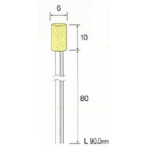 ミニターメーカーお問い合わせ：03-3633-7181●先端径：φ6●粒度：#120●シャンク径:φ3●最高回転数：6000●入り数：10●特長：一般研削に幅広く使用できます。●結合度：N、結合剤：V、砥粒：WA●適合素材：工具鋼、合金鋼、...