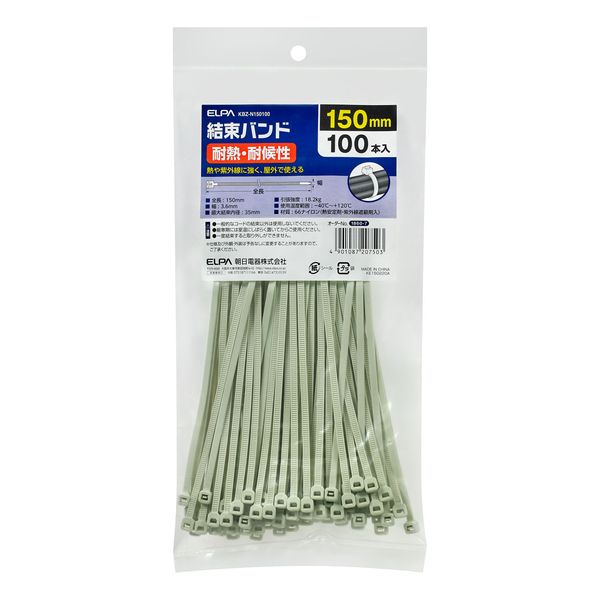 ■全長：150mm■幅：3.6mm■最大結束内径：35mm■引張強度：18.2kg■使用温度範囲：-40℃〜+120℃■材質：66ナイロン(熱安定剤・紫外線遮蔽剤入)■100本入●耐熱・耐候性●熱や紫外線に強く、屋外で使える
