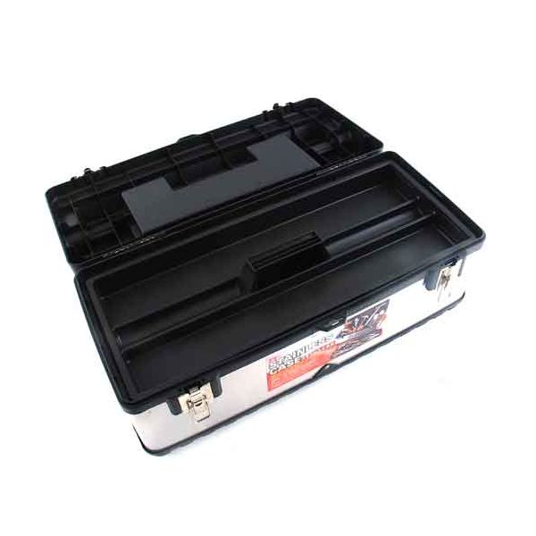 【用途】道具・工具・小物等の収納保管・運搬。【機能・特徴】ステンレスボディで、強度とデザイン性を兼ね備えています。持ちやすいワイドハンドルタイプです。細かな物の分別収納が可能なパーツケース付です。【仕様】●サイズ(外寸)：幅585×奥280...