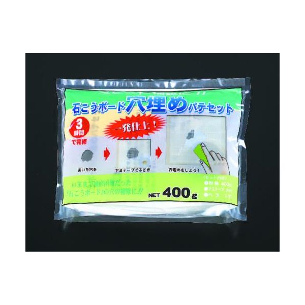●内容量…400g●カラー…ホワイト●使用温度範囲…約5〜30℃●…粉体：400gアミテープ：3mヘラ×1個●今まで補修困難だった石膏ボードの穴の補修に●完全硬化時間は約3時間です。(気温、湿度で異なります。)　