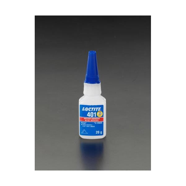 エスコメーカーお問い合わせ：06-6532-6226●商品名…401●内容量…20g●成分…シアノアクリレート系●超高速難接着用●中粘度●使用温度…-55〜80℃●液…透明●繊維、紙、皮革、レンガ、発泡体、PBT、PVC、POM、EPDM、...