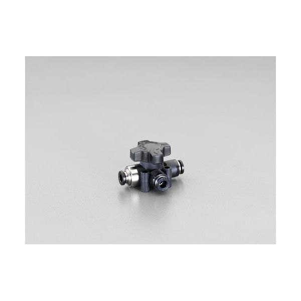 ●使用圧力範囲…0〜0.7MPa●使用温度範囲…0〜60℃（凍結なきこと）●材質…本体：ガラス入りPBT、ハンドル：POM●使用流体…空気●チューブ外径（D1×D2)…6×6mm●コックを90゜廻すと流路が切り替わります。