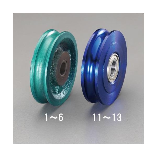 エスコメーカーお問い合わせ：06-6532-6226●車径…100mm●サイズ…A（穴径）：17mm、B：44mm、C：14mm、D：24mm、E：26mm、F：7mm●使用ロープ径…〜12mm●材質…鉄●滑車の交換用部品です。●EA987...