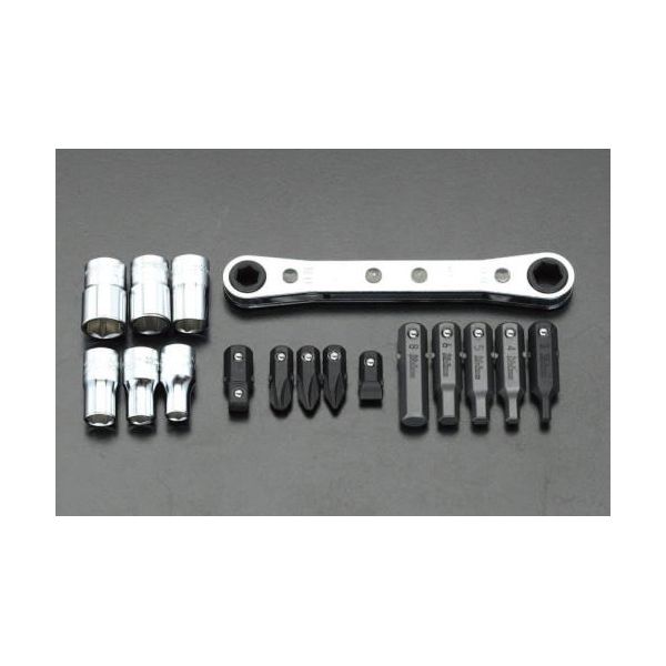 エスコメーカーお問い合わせ：06-6532-6226●…17点●ラチェットスパナ…1/4”hex×5/16”hex●スパナ全長…108mm●ビット六角シャンク…1/4”●(＋)ビット…#1・#2・#3●(−)ビット…1.0×7mm●六角ビッ...