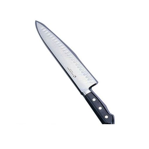 ●仕様：　24cm●サイズ(cm) 全長(mm) 質量(g) 背厚(mm)：24 360 215 2.2●堺 菊守 サーモン型包丁特殊ステンレス鋼アゴの部分を斜めに丸くカットしてあり、疲れにくく、フィットします。両面に楕円状のくぼみを設けま...