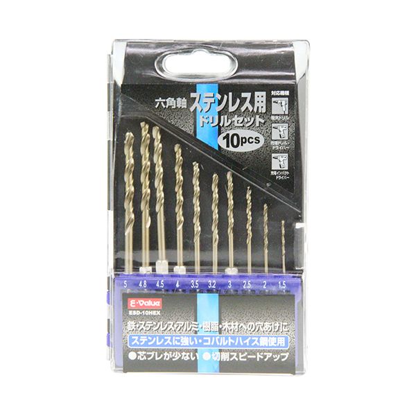 【用途】鉄・ステンレス・アルミ・樹脂・木材への穴あけ作業。【機能・特徴】刃先にはシンニング加工を施している為、材料への食いつきが良くすべりにくです。6.35mm六角軸を採用しており、チャック滑りが少なくインパクトドライバーでの使用が可能です...