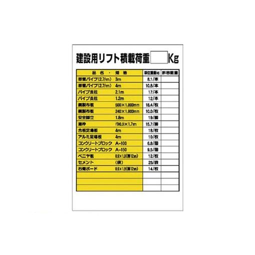 ユニット0120-490-336【商品説明】【特長】■工事リフトの積載荷重制限に関する注意喚起標識です。【仕様】■内容:建設用リフト積載荷重○kg■寸法(mm):900×600×1.2厚■摘要:穴6【材質／仕上】■エコユニボード　