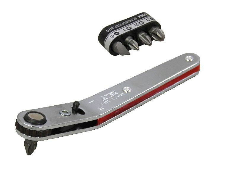 【仕様】 ●ベントアップヘッド●超短ビット:＋1, ＋2（2本）, ＋3, ?6 【特長】 ●超薄型ヘッド21mm●手首を反復動作だけでネジを回せるラチェット機構●マグネットでビットチャッキング●狭いところでの作業に最適　