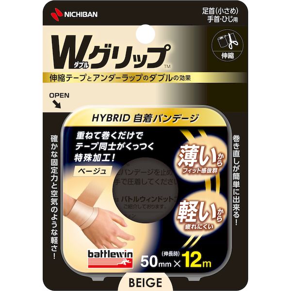 【商品説明】その他テーピング用品 ●素材ナイロン+綿、ゴム系粘着剤(自着) ●サイズ50mm×12m ●カラーベージュ ●仕様 ●生産国