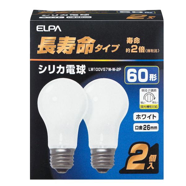 朝日電器メーカーお問い合わせ：042-473-0159【商品説明】●寿命約2倍(当社比)●玄関、洗面所やトイレに最適●調光機能対応●シリカ粒子をバルブの内面に塗装した電球で、まぶしさの少ないソフトな光が得られます。