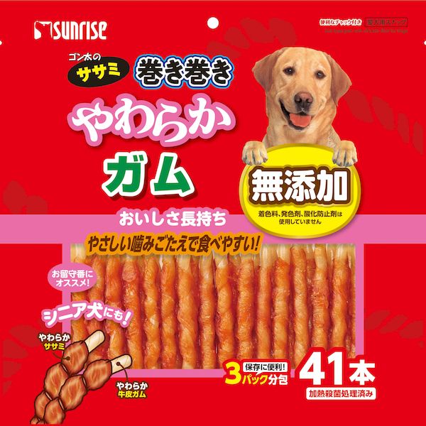 【商品説明】●やわらかく食べやすい牛皮ガムに、ジューシーな鶏ササミを巻きました。シニア犬や小型犬、硬いものが苦手な愛犬の歯ぐきやあごの健康維持に役立ちます。最後までおいしく味わえるのでお留守番にもぴったりです。●原材料：でん粉類、肉類(鶏サ...
