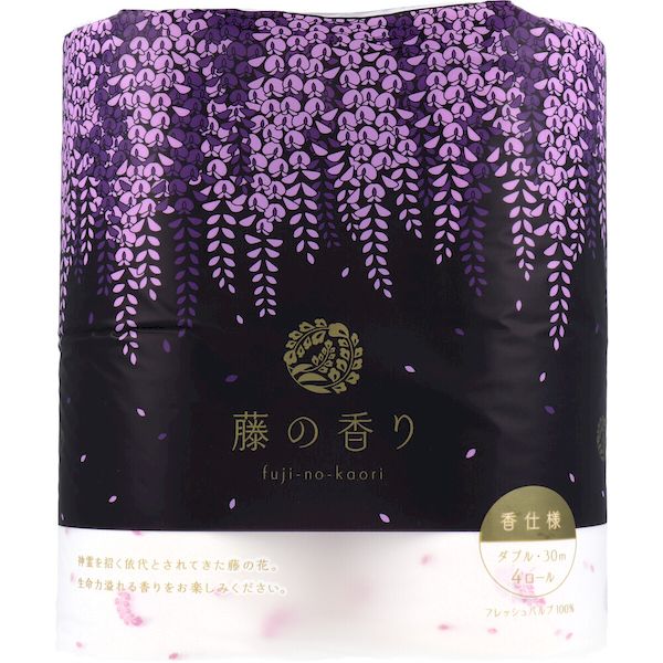 パルプ100％、2枚重ねだから肌ざわりもやさしくソフトタッチ。舞い散る藤の花を楽しめるようにデザインした紫のプリント柄と上品で落ち着いた深みのある香りのトイレットペーパーです。●白檀の香りと同じ「線香」の香りをベースに藤の香りをブレンドした...