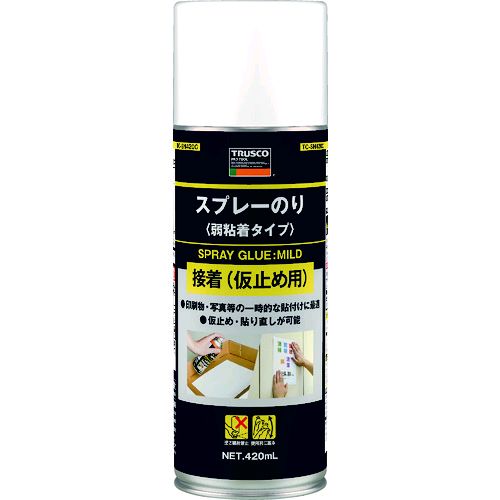 【特長】●ソフトな粘着性能をもった特殊ゴム系の粘着剤です。【用途】●印刷物、写真、布の貼り付け。【仕様】●色：透明●容量(ml)：420●標準重ね塗り回数：1〜2回●標準塗布可能面積(［［M2］］)：10【仕様2】●エアゾールタイプ(キリ状...