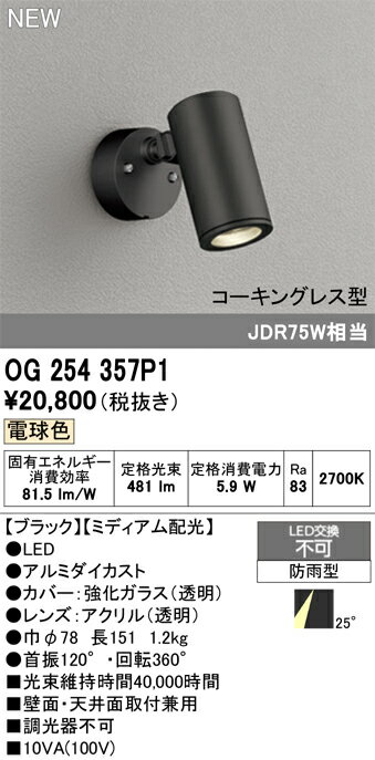 OG254357P1OG254357P1屋外灯 スポットライト LED電気工事必要 畳数設定無し