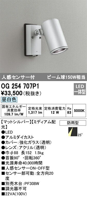 OG254707P1OG254707P1屋外灯 スポットライト LED 人感センサー電気工事必要 畳数設定無し