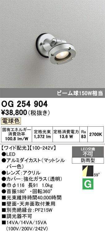 OG254904OG254904屋外灯 スポットライト LED 自動点灯無し電気工事必要 畳数設定無し