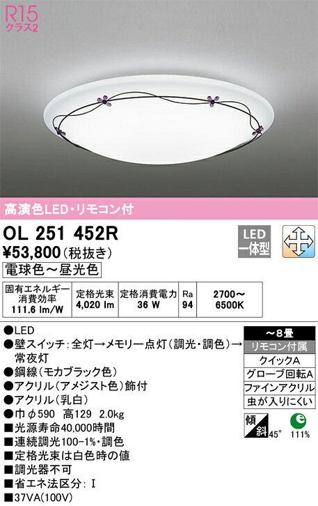 OL251452ROL251452Rこの商品は特価品の為、不良品等が発生した場合は必ず物物交換のみの対応になります。シーリングライト LED リモコン付簡単取付 6〜8畳取付方法： クイックA（クイック2）