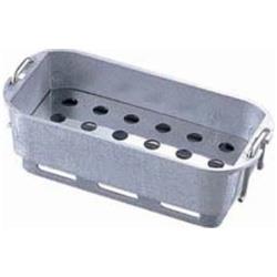 いろはこんろ長角用の炭入れです。アルミ合金製の本体とステンレス製の中板で構成され、サイズは縦9×横20×高6.5cm、重量は約520gです。いろはこんろ長角用炭入れ。アルミ合金製で、サイズは縦9×横20×高6.5cm、重量は約520gです。