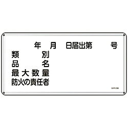 ■危険物の規制に関する規則および火災予防条例に基づくスチール製の標識です。【用途】・当該情報の明示（指示）に。【仕様】・表示内容： 類別・品名・防火の責任者・取付仕様： 穴4ヵ所・縦（mm）： 300・横（mm）： 600・厚さ（mm）： ...
