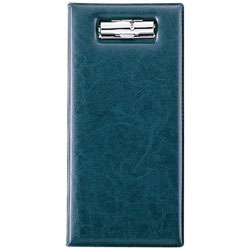 高級感のあるレザータッチの伝票ホルダーです。左側にポケットがあり、右側は金具付きでしっかり固定できます。使い勝手の良いデザインで、業務効率の向上に役立ちます。レザータッチの伝票ホルダー。左ポケットと右側の金具で書類をしっかり管理できます。