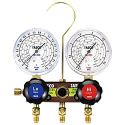 ●入数（個）： 1●R404A、R407C、R507A、R134a用●ゲージ径： φ80●バルブ： 高耐圧ニードルパッキン●ゲージ取付ネジ： 1/8 NPT●ホース接続ポート： 1/4 フレア●サイトグラス付マニホールドボディ（TA124F...