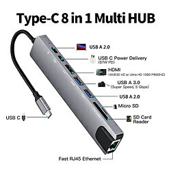 Type-C 8 in 1 マルチHUB■USB-Cx1 PD 87W 接続先充電用 / USB-Cx1(2.0) / USB-A(3.0)x1 / USB-A(2.0)x1 / HDMI 4K@30Hz / 100Mbps LAN / S...