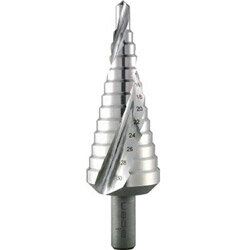 ■素材にコバルトハイスも用いることにより、安定した作業性と高寿命を両立しています。【用途】・被削材： 鉄（4～6mm）【仕様】・段幅（mm）： 4.5・段数（段）： 9・シャンク径（mm）： 8・穴あけ寸法（φ）： 4、6、8、10、12、...